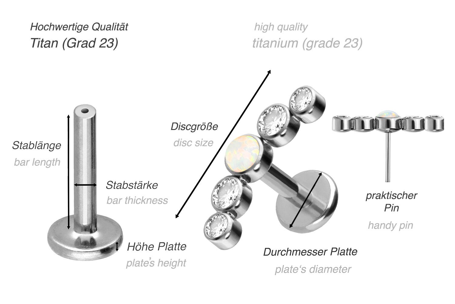 Titanium labret with push fit SYNTHETIC OPAL + 4 CRYSTALS | PIERCINGLINE